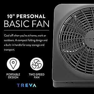 Treva 10-Inch Portable Desktop Air Circulation Battery Fan, 2 Speed, Compact Folding & Tilt Design, with AC Adapter (Graphite)
