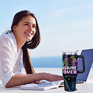 thmasamwr Game Tumbler with Lid and Straw, 40oz Gamer Water Bottle Cup with Handle, Gaming Travel Coffee Mugs, Birthday Gifts for Gamer Men Boys