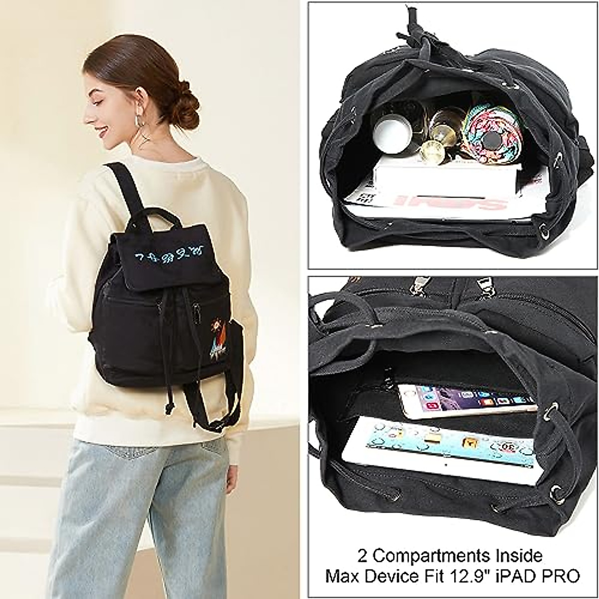Canvas Backpack Purse for Women Men, Fashion Embroidery Casual Backpack Casual Travel Rucksack (Black)