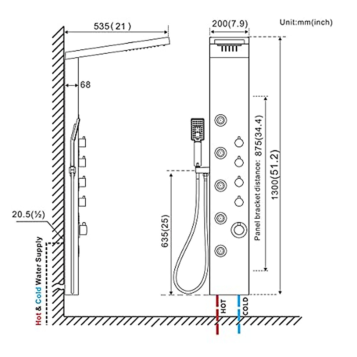 ROVATE Rainfall Waterfall Shower Tower Panel System, Stainless Steel Bathroom Shower Panel Tower with 5 Body Sprays and 3 Sets Handheld Shower, Shower Column Wall Mount, Delicate Brushed Finish