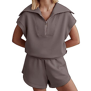 calbatic Women Casual Two Pieces Outfits Half Zip Lapel Collar Short Sleeve Sweatshirt High Waisted Shorts Tracksuit Sets