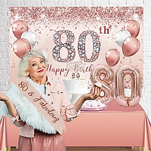 Trgowaul 80th Birthday Decorations Party Set for Women, Rose Gold 80 Birthday Banner and Tablecloth, 80 & Fabulous Sash and Tiara, 1PC Happy 80th Birthday Cake Topper, Pink Gold 80 Number Balloons