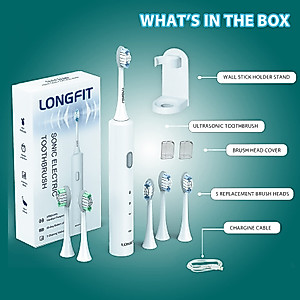 LONG FIT Electric Toothbrush for Adult Ultrasonic, Basic 90 Days Standby 37000VPM Clean Massage Sensitive Modes with 5 Replacement Toothbrush Heads