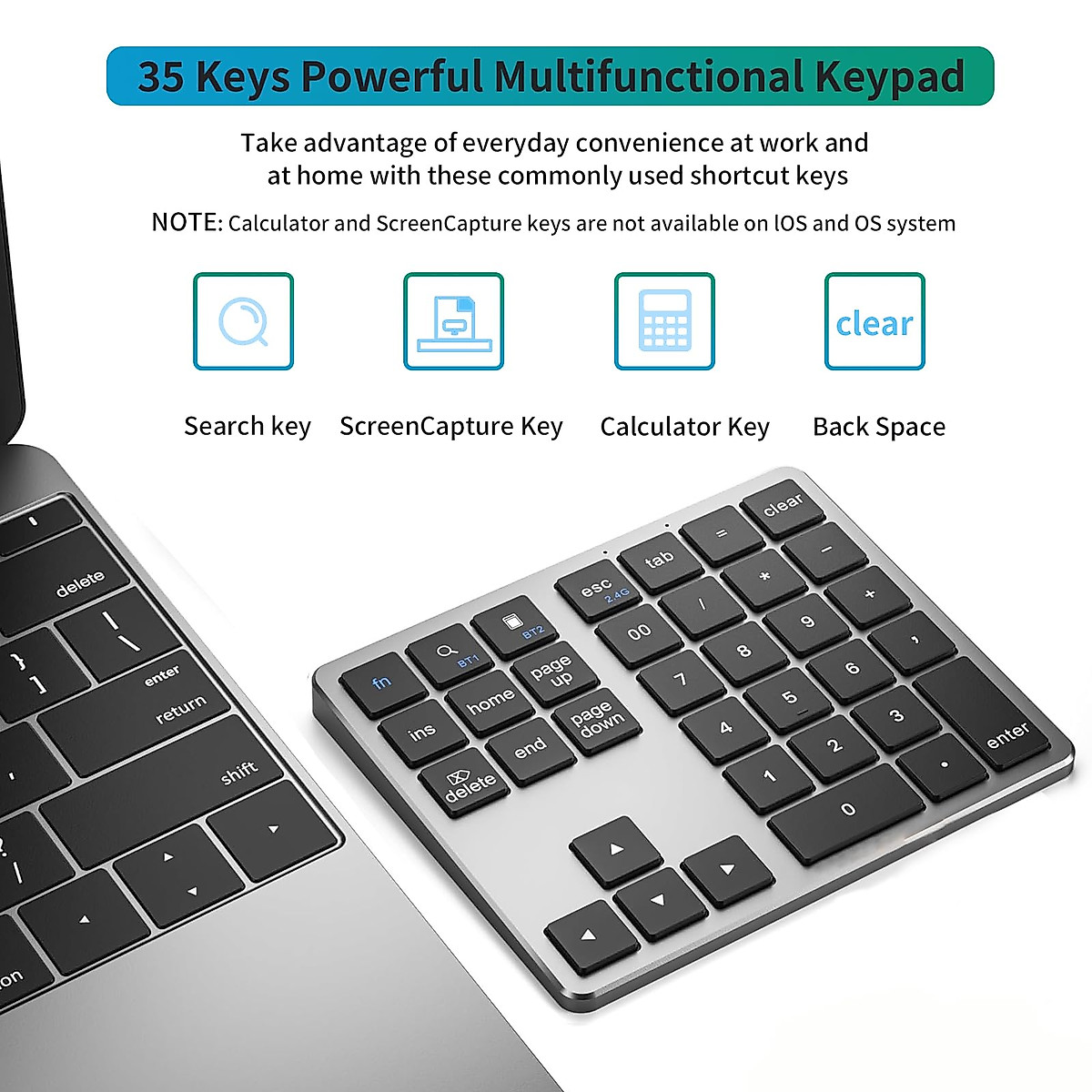 LOONASA Bluetooth Number Pad, Rechargeable Wireless Numeric Keypad, Three Mode, Slim & Silent Design, 35-Keys External Numpad USB Keyboard for MacBook, iPad, iPhone, iOS, Laptop, Windows, Android, PC