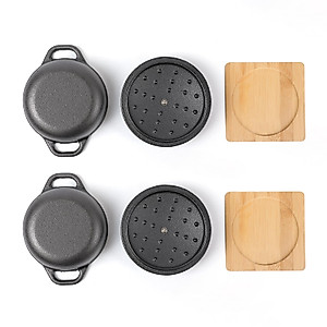 HAWOK Cast Iron Mini Round Cocotte Set, 0.7QT Mini Dutch Ovens with Lids and Bamboo Trays, 667ml/22.57oz/2.82cups, Set of 2, Black