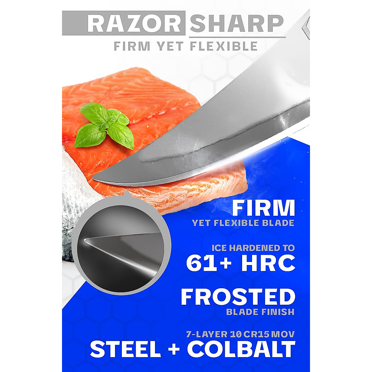 Dalstrong Fillet Knife - 6 inch - Frost Fire Series - High Chromium 10Cr15CoMoV Steel - Frosted Sandblast Finish - White Honeycomb Handle - Meat Boning Knife - Leather Sheath - NSF Certified