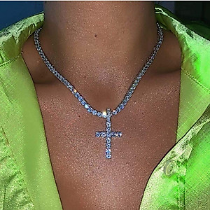 Gangel Silver Vertical Cross Tennis Necklace Glittering Chain Simple Fashion Pendant Exquisite Choker Jewelry with Rhinestone for Women (Pack of 1)