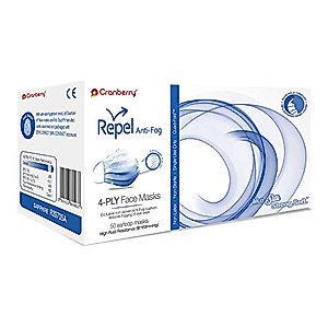 Cranberry USA R2970SA Repel 4-Ply Ear Loop Face Mask, Anti-Fog, Sapphire (Pack of 50)