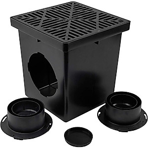 NDS 1200BKITRTL1PK Square Kit with 2-Opening Catch Basin, 2 Adapters, 1 Outlet Plug, and 1 Plastic Drain Grate, 12-Inch, for Lawns, Landscaped Areas, Black