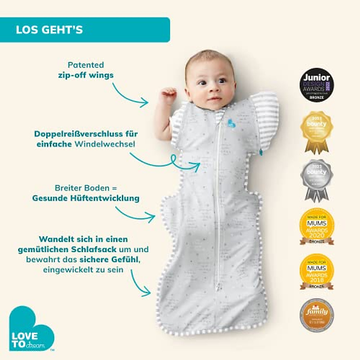 Love to Dream Swaddle UP Transition Bag Warm 2.5 TOG, Dreamer White, Medium, 13-19 lbs, Patented Zip-Off Wings, Gently Help Baby Safely Transition from Being Swaddled to Arms Free Before Rolling Over