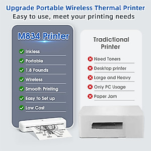 Phomemo M834 Ultra Portable Printer Wireless for Travel, (Upgraded) Bluetooth Thermal Printer 8.5" x 11"&A4, Compatible with iOS,Android & PC,Inkless Mobile Printer for Travel,Office,School,Home