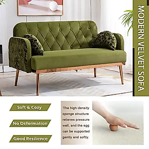 55-inch Small Velvet Couch with Elegant Moon Shape Pillows, Twin Size Loveseat Accent Sofa with Golden Metal Legs, Living Room Sofa with Tufted Backrest, 600 Pounds Weight Capacity, Green