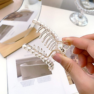 Agirlvct Pearl Hair Clips for Women, 4 Size Large Meduim Small Hair Claw Strong Hold,Big Banana Jaw Clip Barrettes Nonslip, Fancy Hair Accessories for Thick Thin Fine Hair Birthday Girl Gift