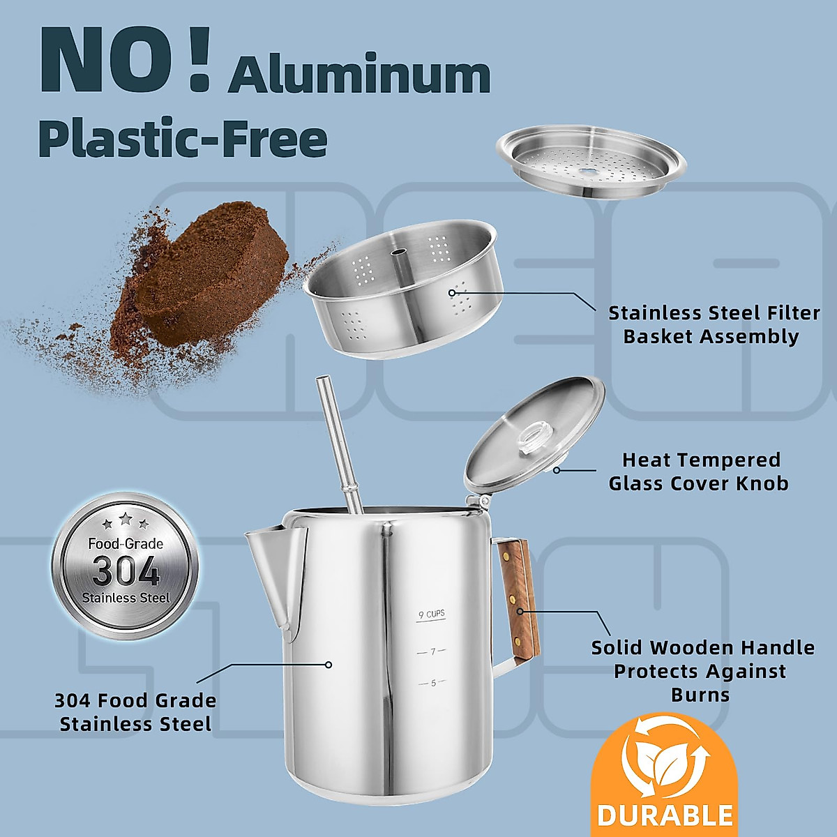 MEREZA Camping Coffee Pot Stovetop Coffee Maker Percolator Campfire Coffee Pot Stainless Steel Coffee Pot Camping Outdoors Home 9 Cup No Aluminum & Plastic Fast Brew