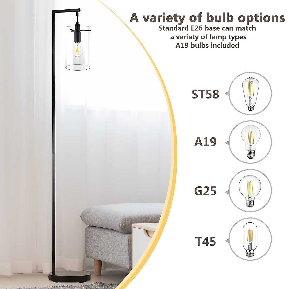 RORIANO Industrial Floor Lamp, Modern Standing Lamp with Hanging Clear Glass Shade, Farmhouse Rustic Tall Pole Lamp with Foot Switch for Living Room Bedroom Office, LED Bulb Included (Black)