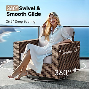 SUNSHINE VALLEY Swivel Glider 4 Piece Patio Furniture Set with Swivel Chairs, Patio Set with 4.92" Extra Wide Armrest, Wicker Patio Furniture with 26.3" Deep Seating and 5.5" Thick Cushions, Grey