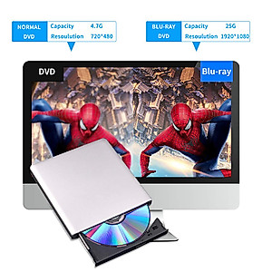 External Blu Ray DVD Drive 3D, USB 3.0 and Type-C Bluray CD DVD Reader Slim Optical Portable Blu-ray Drive for MacBook OS Windows xp/7/8/10, Laptop PC (Silver-Grey)