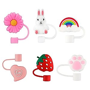 6pcs Straw Covers Cap, Silicone Drinking Straw Tips Lids Straw Covers for Reusable Straws Straw Toppers for Sippy Cups with 6-8mm Straws Dust-Proof (6 Different Cute Cartoon Patterns)