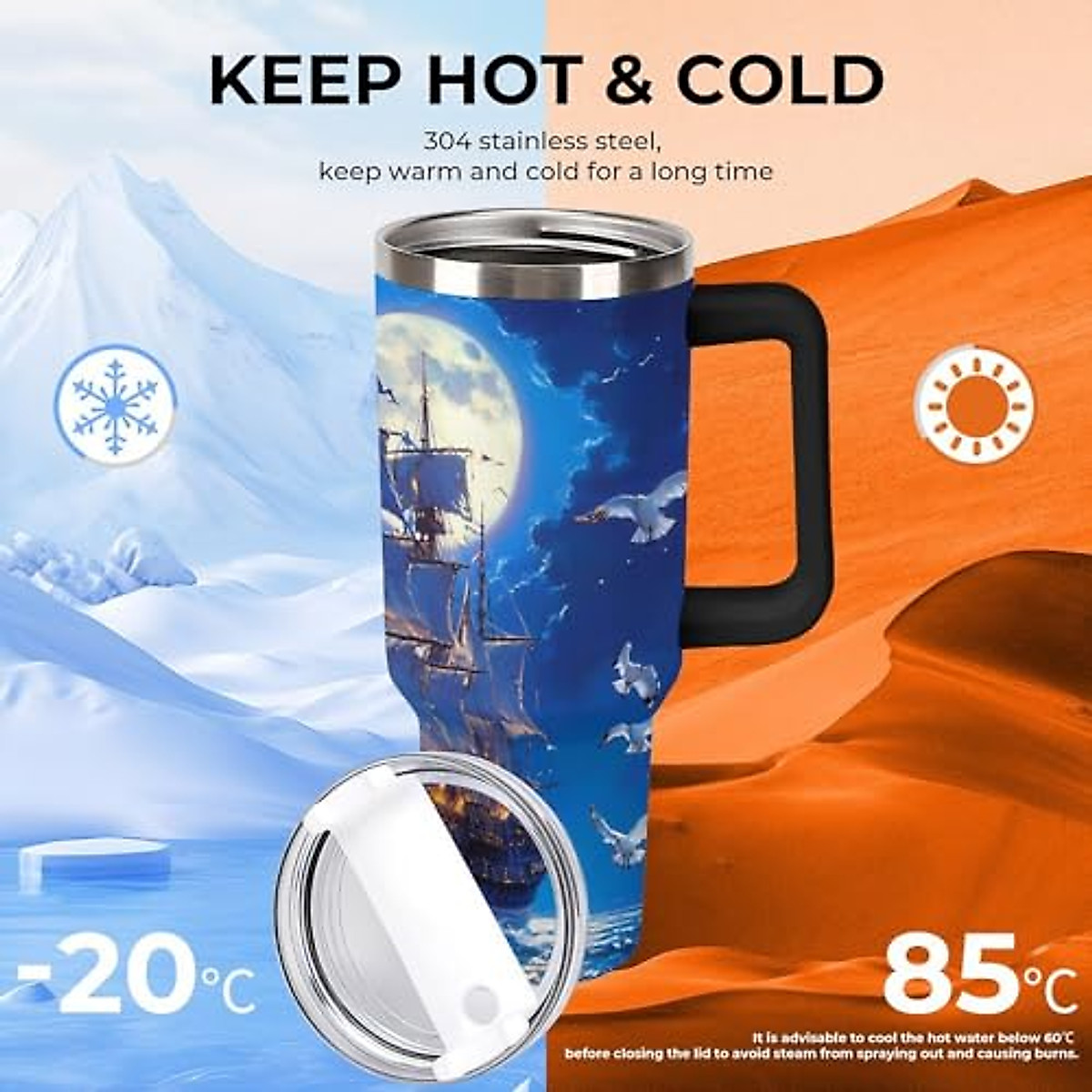 Steamship Moon Tumbler with Handle Travel Mug Water Bottle Tea Coffee Cup Black-style