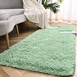 Zedrew Sage Green Runner Area Rugs for Bedroom Living Room, 2x4 Feet Fluffy Bedside Rugs, Soft Shaggy Carpet Rug for Kids Room Nursery, Furry Rugs for Girls Boys Dorm Room Home Decor
