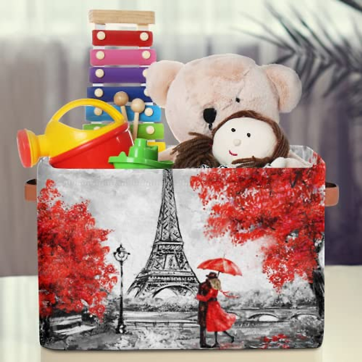 Rectangular Paris Baskets, Girls Storage Bins Kids Storage Basket with PU Leather Handles Cute Baskets Clothes Toys Box Books Baskets Gifts Baskets for Closet Shelf Nursery Bedroom 15x11x9.5 In