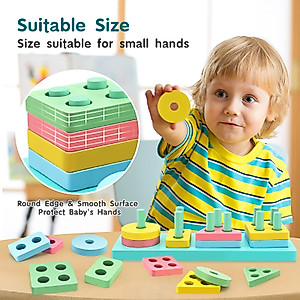 LinseyFun Wooden Stacking Sorting Toys for Toddlers 1-3, Wood Baby Stacking Blocks, Montessori Toys for 1 2 Year Old Boys Girls