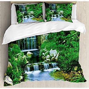 Ambesonne Nature Duvet Cover Set, Waterfall Flowing Down The Rocks Foliage Cascade in Forest Valley Image, Decorative 3 Piece Bedding Set with 2 Pillow Shams, Queen Size, Fern Green Pale Blue