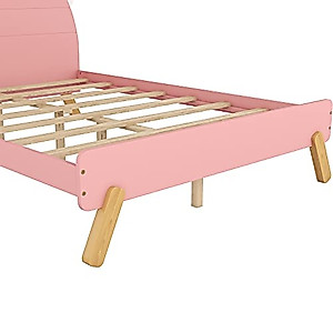 SOFTSEA Pink Full Bed Frame for Girls, Kids Cute Bed Frame Full Bed Frame with Headboard, Wood Platform Bed Frame for Kids, No Box Spring Needed Easy Assemble