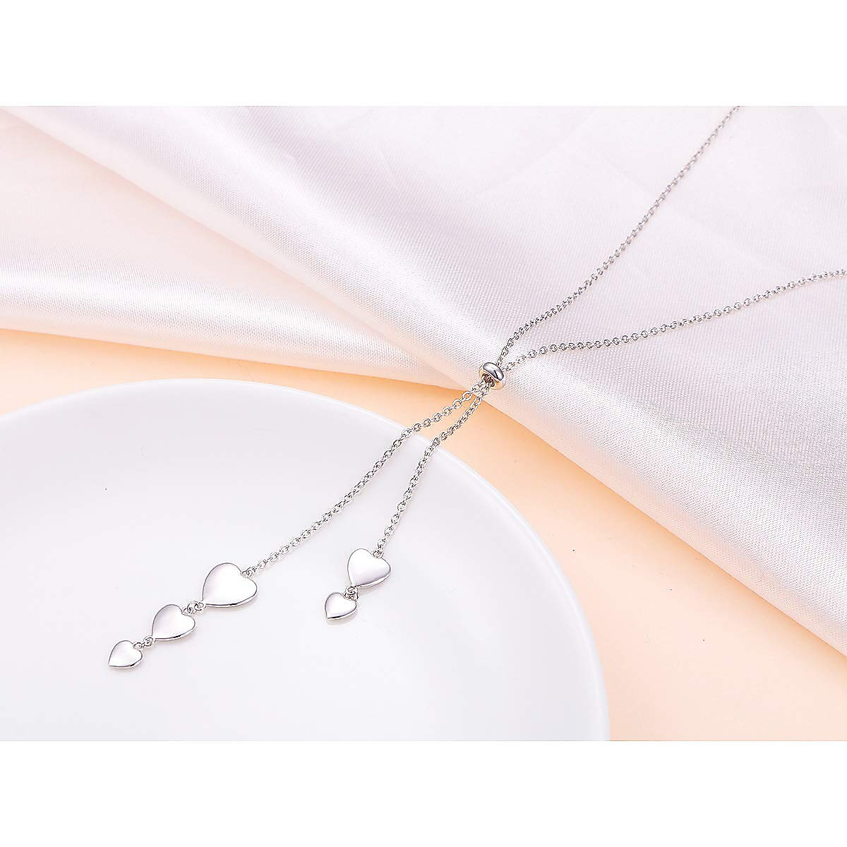 YinShan Long Chain Dainty Necklace Simple Style 925 Sterling Silver Pendant Adjustable Y Shaped Back Necklace Jewelry (multiple heart)