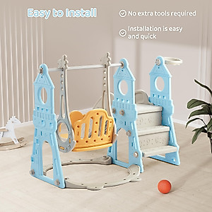 4-in-1 Toddler Slide and Swing Set with Extra Large Playground, Basketball Hoop & Climber, Indoor/Outdoor Playset, Castle Collection - Blue & Yellow