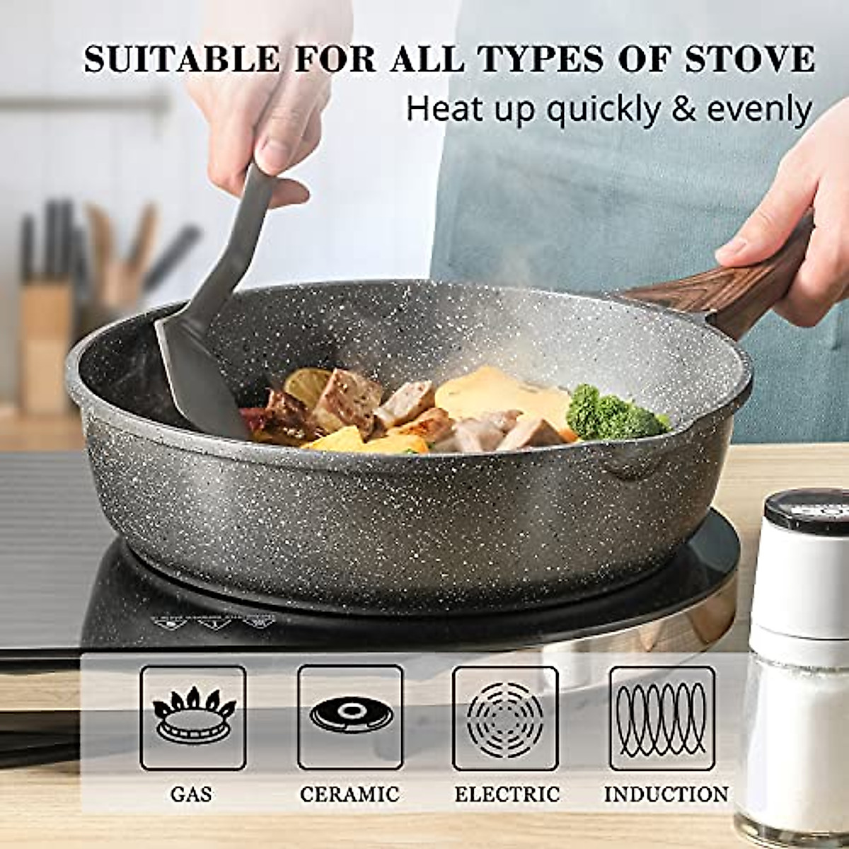 SENSARTE Nonstick Deep Frying Pan Skillet, 11-inch Saute Pan with Lid, Stay-cool Handle, Chef Pan Healthy Stone Cookware Cooking Pan, Induction Compatible, PFOA Free