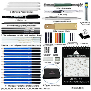 Handyman Crafts 50pcs Sketching Drawing Pencils Set Art Supplies | Sketch pencils,Graphite,Charcoal,Sketch book,Drawing supplies | In Black Zipper Case | For adults,teeage, Kids 9-12