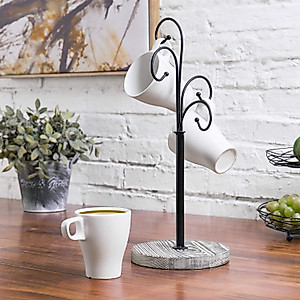 MyGift Black Metal Coffee Mug Tree Rack with 4 Curved Hooks and Grey Wood Base