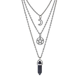 MJartoria Moon Pentagram Necklace Crystal Chakra Pendant Layered Necklaces for Women Choker Necklace Gothic Jewelry Y2K Goth Accessories (Dark Blue, Moon Pentagram)