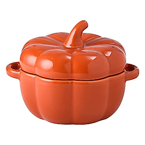 Zerodeko Ceramic Pumpkin Bowl with Lid, 420ml Halloween Bowl with Handle, Soup Bowl Candy Cookie Jar Stewing Bowl Salad Dish Pumpkin Decoration for Halloween Thanksgiving (Orange)