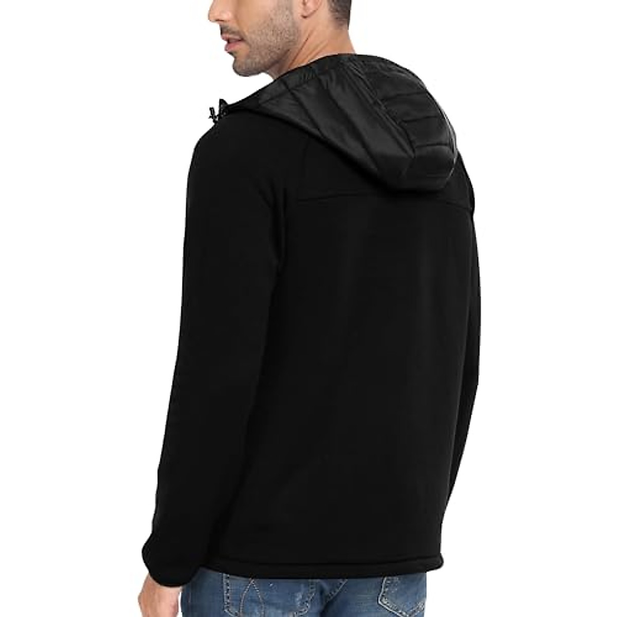 MoFiz Mens Insulated Hiking Jacket Coat Thermal Hybrid Running Jacket Lightweight Puffy Winter Hooded Golf Jackets Long Sleeve Windbreak Sportswear Black Small