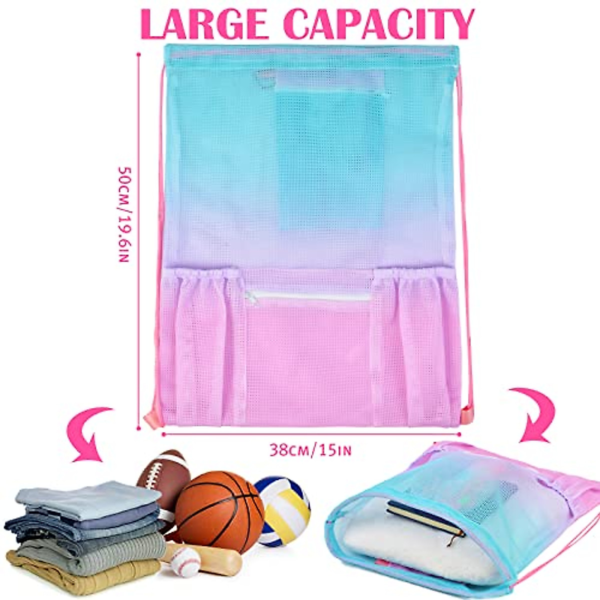 Nidoul Mesh Drawstring Bag with Zipper Pocket, Beach Bag for Swimming Gear Backpack Gym Storage Bag for Adult Kids (Pink Blue)