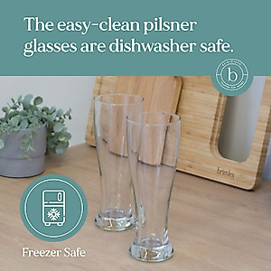 brimley 16oz Nucleated Pilsner Beer Glasses Set of 4 - Craft Beer Drinking Glasses Set for Pilsners & Other Lighter Beers - Dishwasher Safe/Freezer Safe Glass Pint Glasses - Beer Gifts