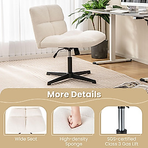 Giantex Criss Cross Chair, Faux Fur Armless Cross Legged Office Desk Chair No Wheels, Height Adjustable Computer Swivel Task Chair, Modern Wide Seat Boucle Vanity Chair for Home Office, White