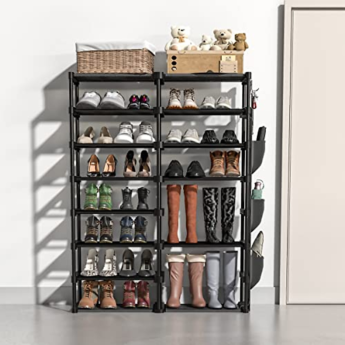 GREATSK 8 Tiers Shoe Rack 24-30 Pairs with Side Hanging and Storage Bag, The Special Material PP Sheet Shoe Shelf Boots Organizer, Free Standing Shoe Racks, Metal Shoe Rack
