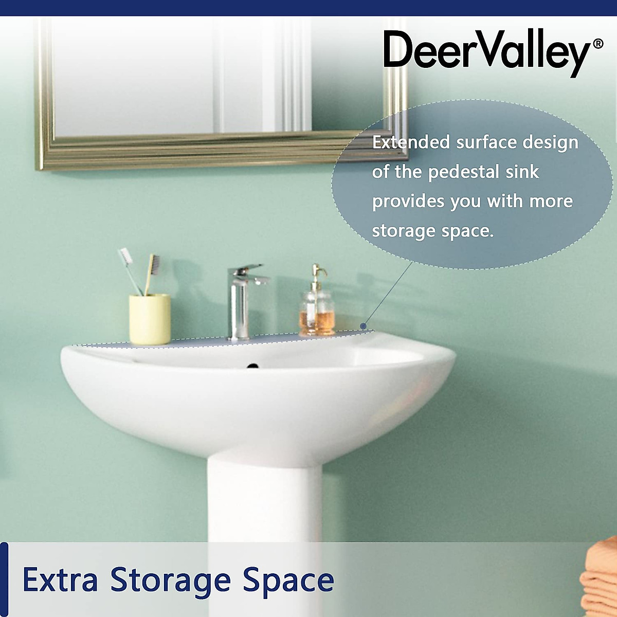 DeerValley DV-1P523 Compact White Ceramic Pedestal Sink, 20" X 17" Inch Pedestal Bathroom Sink With Overflow and Pre-Drilled Single Hole