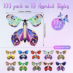 Lenwen 100 Pcs Magic Flying Butterfly Wind up Paper Butterflies That Fly Rubber Band Powered for Bookmark Card Surprise Gift Wedding Birthday Party 10 Styles, 4.41 x 4.92 Inch