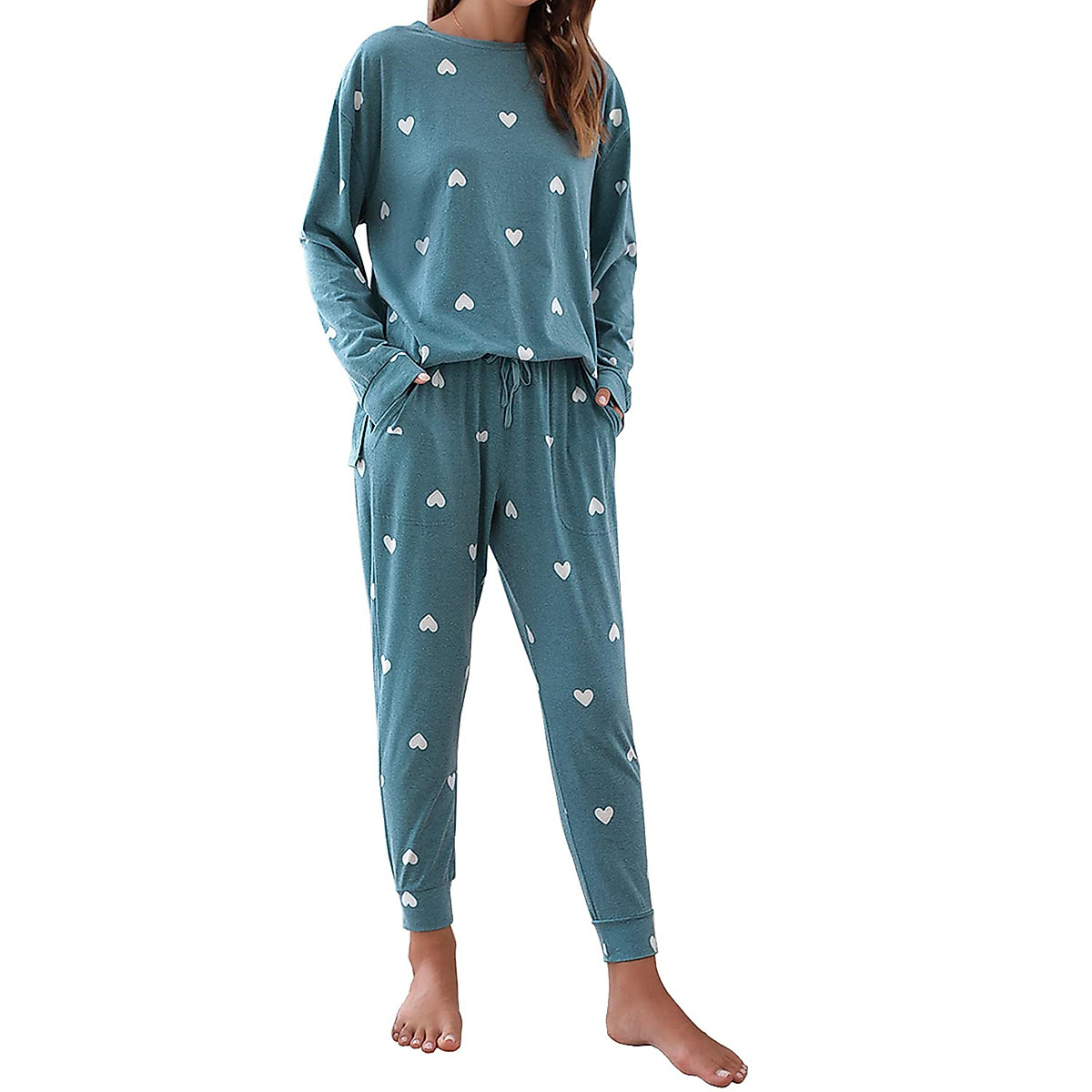Blooming Jelly Womens Cute Pajama Sets Drawstring Heart Printed Sleepwear Pockets 2 Piece Pj Set 2025 (Large, Blue)