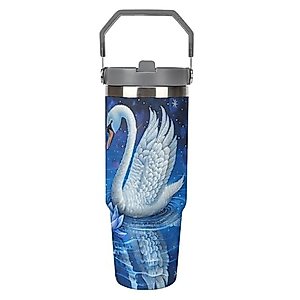 YTLKGFP 30 Oz Large Capacity Car Cup Two White Swans Tumbler with Handle Straw Lid Insulated Stainless Steel Water Bottle Travel Mug Leak-proof Car Cup Keeps Cold Or Hot