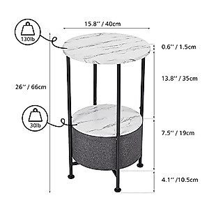 LEMONDA 26" High Marble White Round End Table with Storage,Small 2 Tiers Round Side Table with Basket for Living Room Bedroom,Round Sofa Table Nightstand Bedside Table for Small Spaces