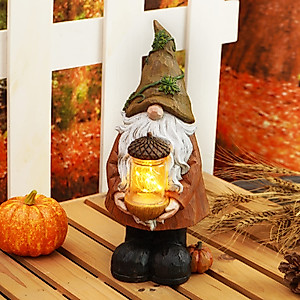 Topadorn Fall Garden Gnome Statue,Autumn Gnome Figurine with Fruit Grape Light on Hand for Fall, Thanksgiving House, Lawn Decor