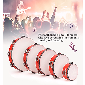 Dreokee 6 Inch Tambourine Red Wooden Handheld Tamborine with 4 Pair Metal Jingle Bells Percussion Instrument Musical Instrument Tambourines for Adults Party Education Church