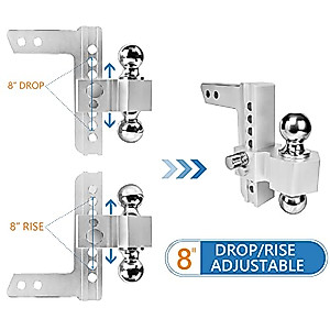 Adjustable Trailer Hitch - Tlvuvmo 8 Inch Drop Hitch for 2 Inch Receiver, Ball Mount Hitch 12,500 LBS, 2" and 2-5/16" Stainless Steel Dual Balls, Aluminum Tow Hitch with Double Anti-Theft Pins Locks