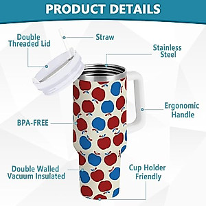 Wfrish Tumbler with Handle and Straw Lid,Red Blue Apple Print 40 oz Insulated Coffee Cup Stainless Steel Fruit Water Bottle Travel Mug Cupholder Friendly,Gifts for Women Men