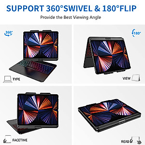 Touchpad Keyboard Case for iPad Pro 12.9 2022 6th Gen/2021 5th Gen/2020 4th Gen/2018 3rd Gen - Backlit Trackpad Keyboard Folio Smart 360° Rotatable Stand Cover,Support Apple Pencil Charging(Black)